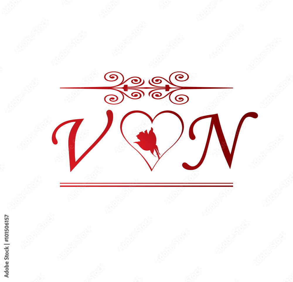 VN love initial with red heart and rose Stock Vector | Adobe Stock
