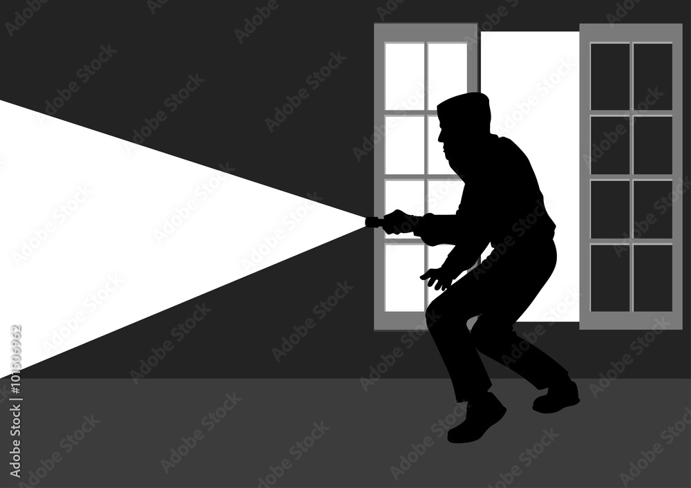Silhouette illustration of a thief break into the house through window ... Silhouette illustration of a thief break into the house through window ...