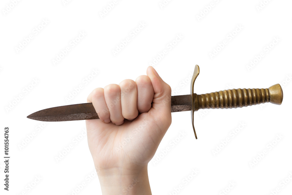 Woman hand with old dagger on white background Stock-Foto | Adobe Stock