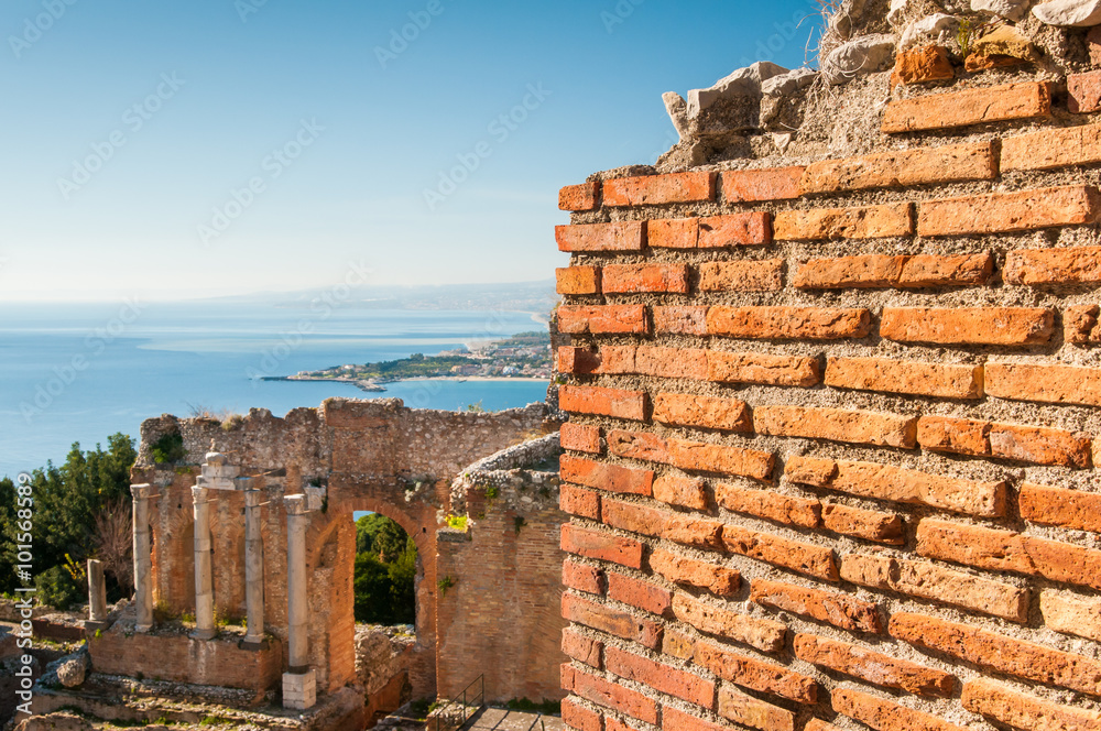 Section of the upper perimetral wall of the greek theater and its stage ...