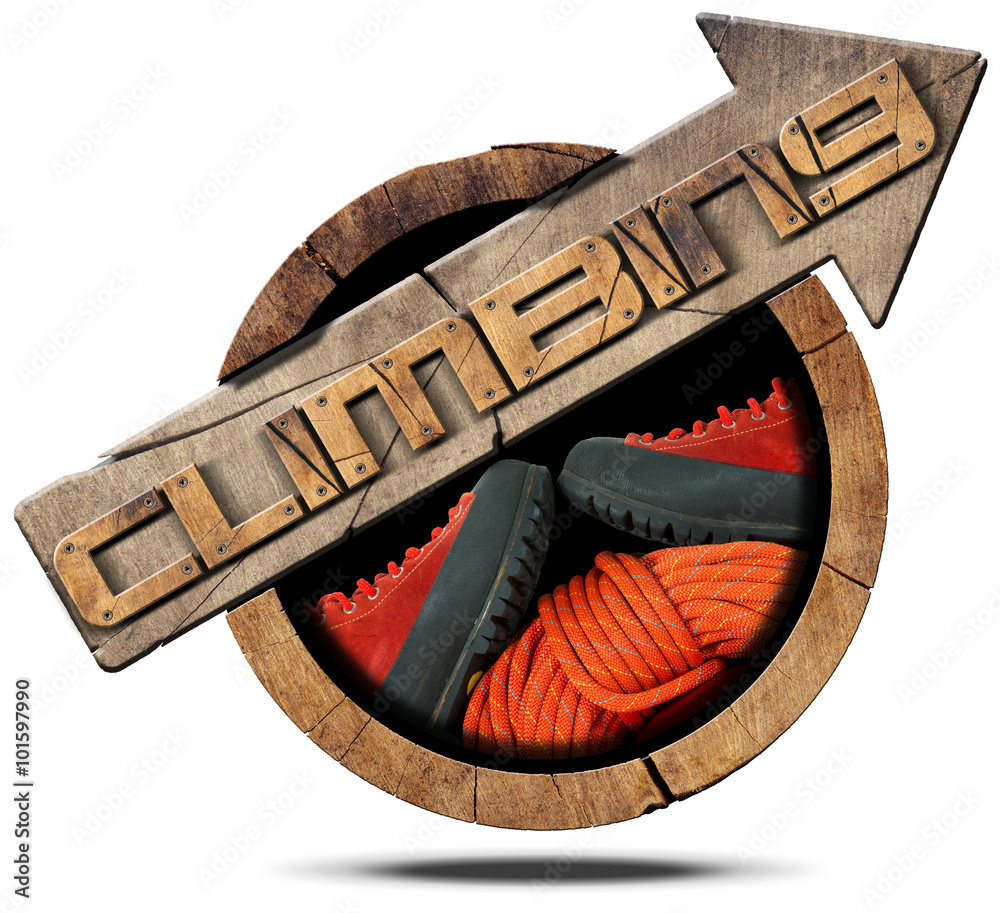 Climbing - Wooden Symbol with Arrow / Wooden round icon or symbol with ...