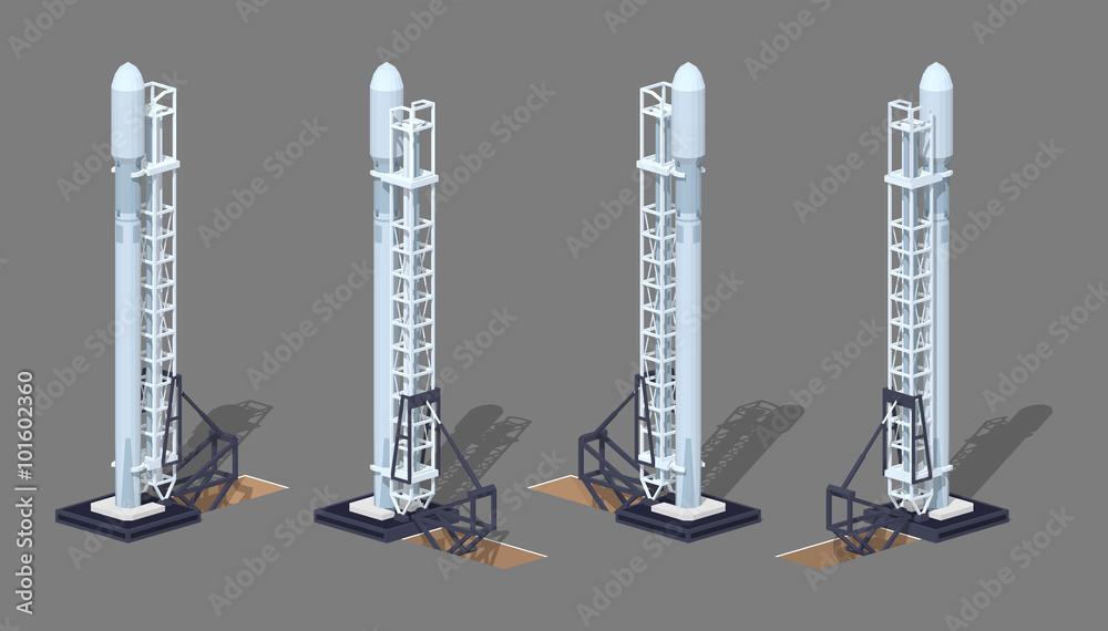 Modern space rocket on the launch pad. 3D lowpoly isometric vector ...