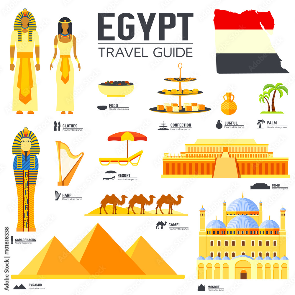 Country Egypt travel vacation guide of goods, places and features. Set ...