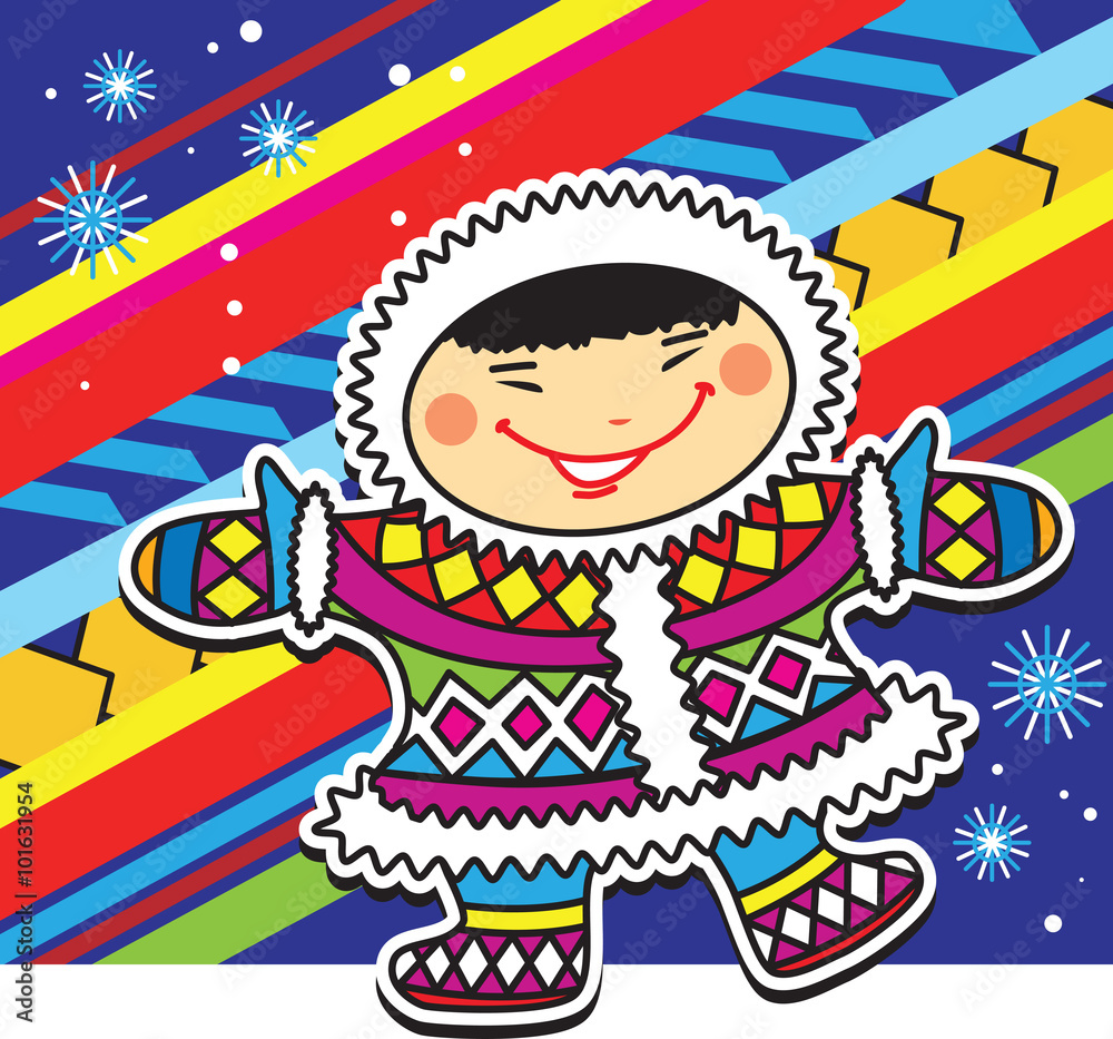 Smiling Eskimo little boy on a motley Escimo style background. Stock ...