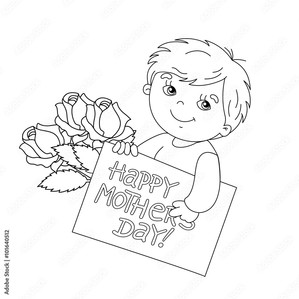 Coloring page outline of boy with card for Mother's Day with flo Stock ...