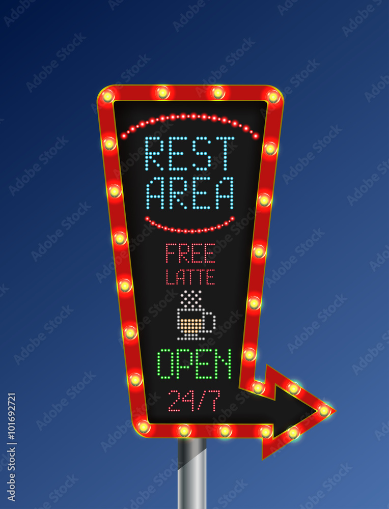 Retro arrow golden light banner with the rest area blue background ...