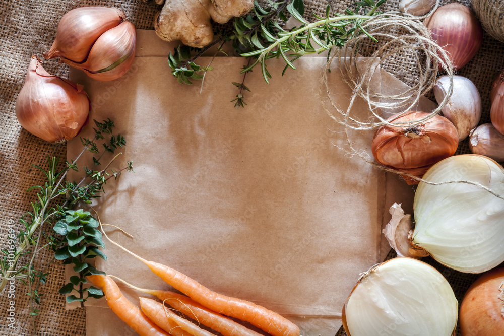Rustic Food Background with Brown Paper and Hessian Stock Photo | Adobe ...