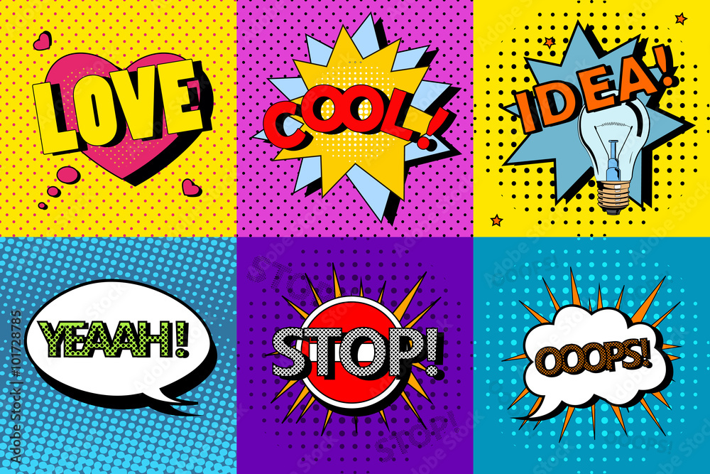 Vetor de Vector set of comic speech bubbles in pop art style. Design ...