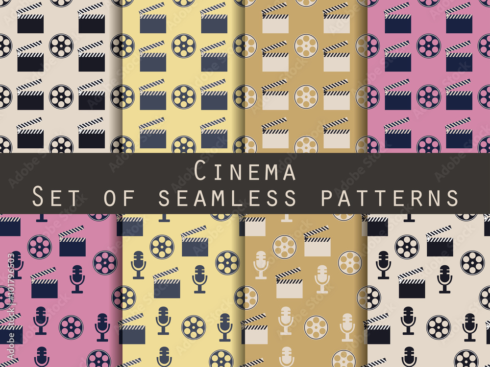 Film reel and clapper board. Set of seamless patterns. The pattern for ...