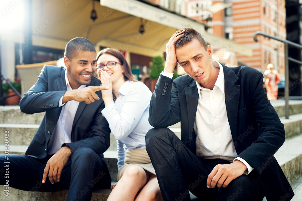 Gossip people in front of their office sitting on stairs,depressed ...