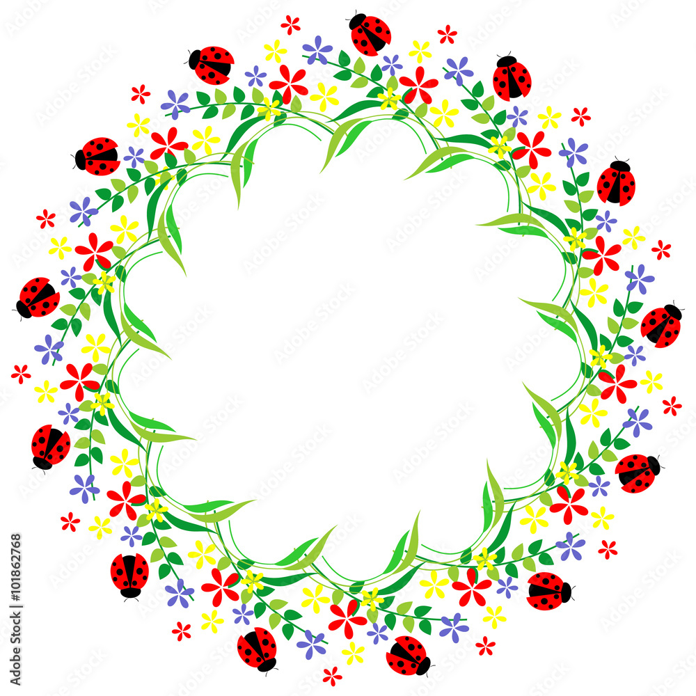 Floral frame with insects. Colorful flower, leaves and ladybugs ...