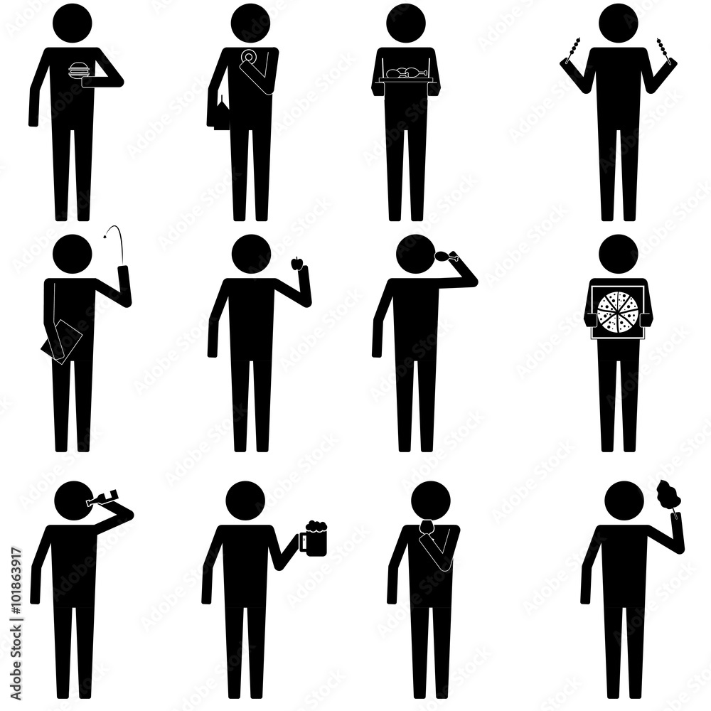 men with various food and snack info graphic icon vector sign symbol ...