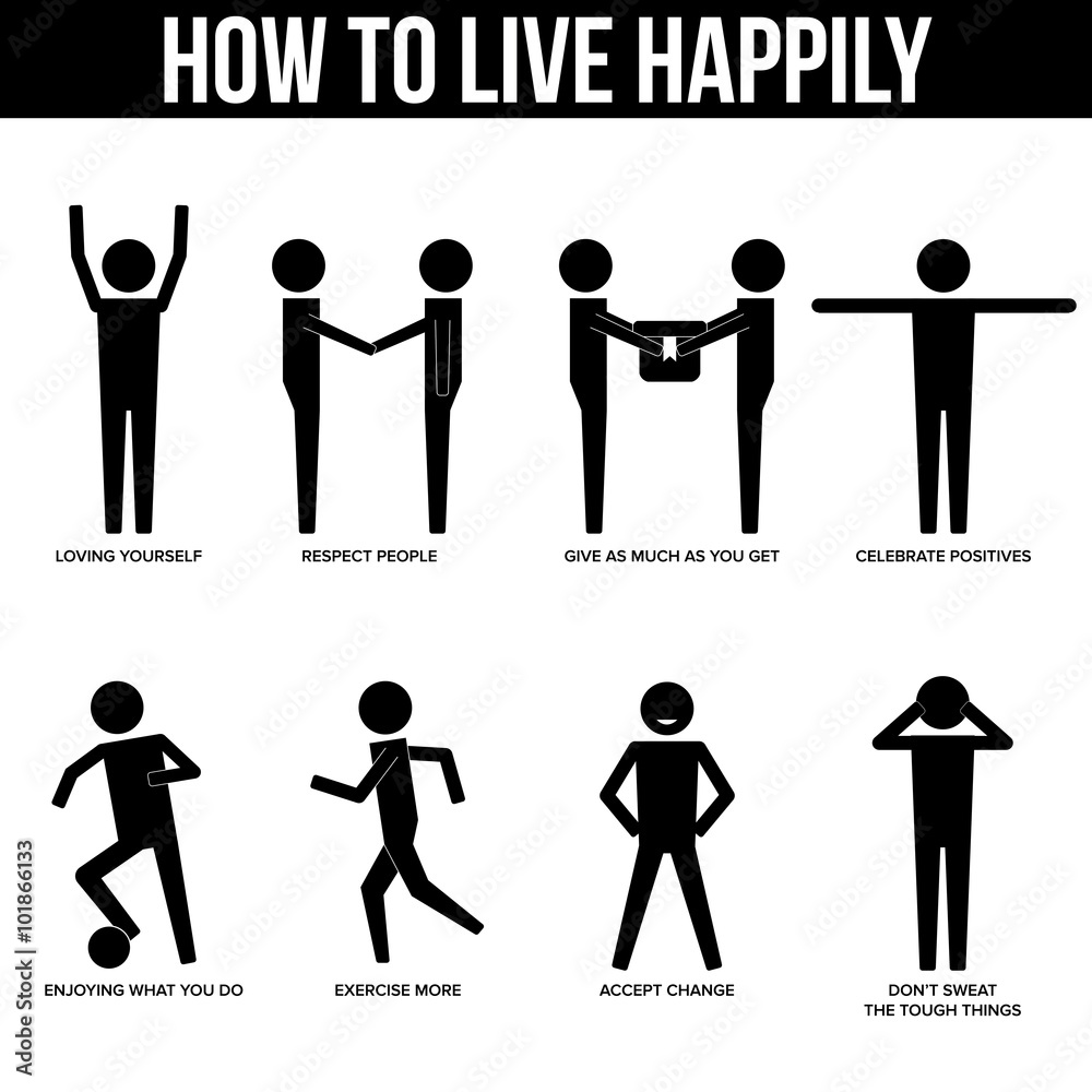 How to live happily stick figure infographic sign symbol pictogram ...