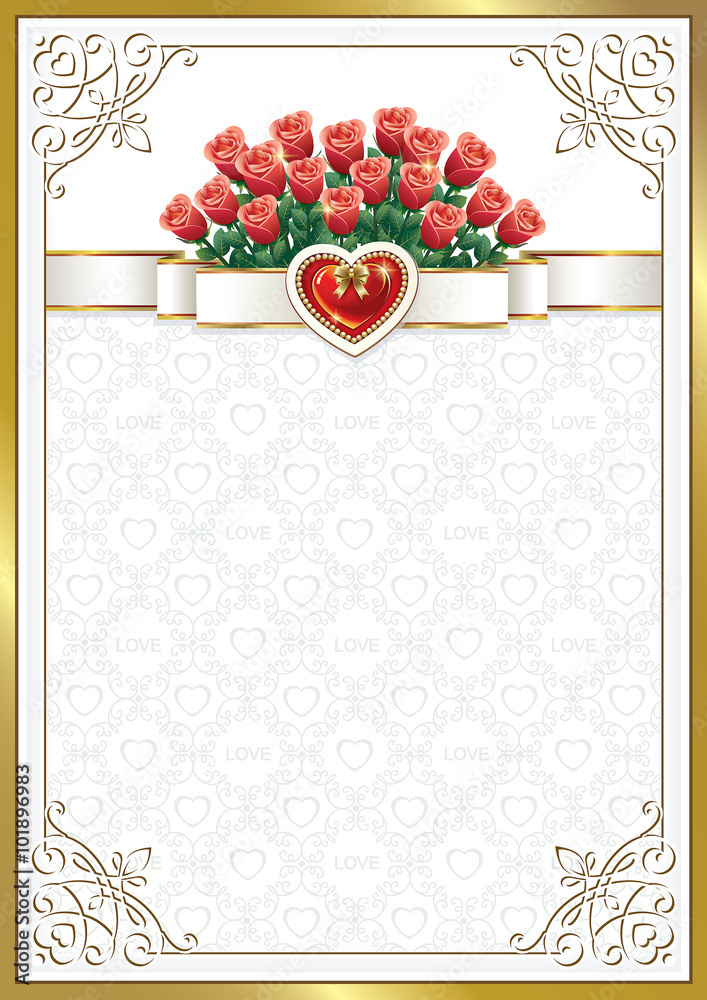 Wedding invitation. Background with roses and hearts Stock Vector ...