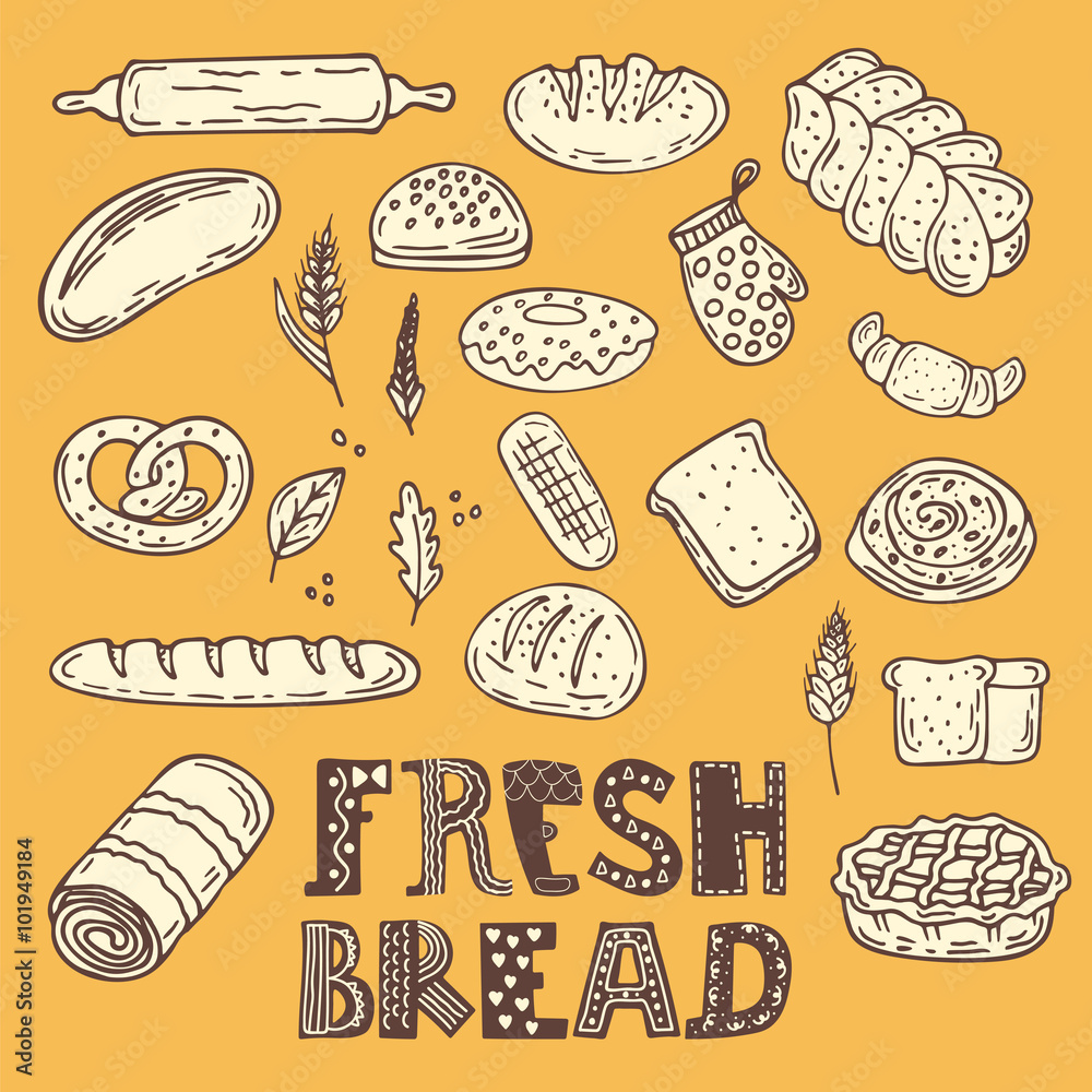 Hand drawn sketch style bakery set. Vector collection of fresh b Stock ...