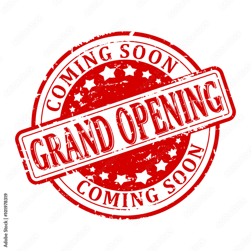 Scratched round red stamp with the words - grand opening - coming soon ...