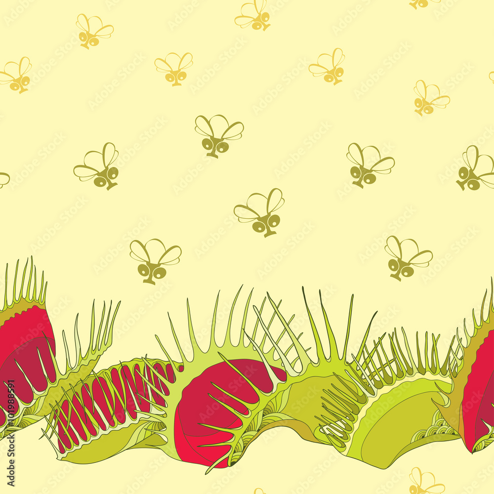Seamless pattern with Venus Flytrap or Dionaea muscipula and cartoon ...