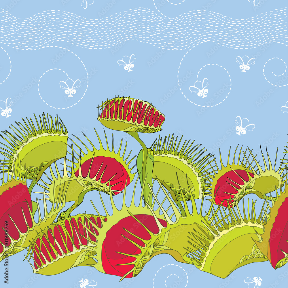 Seamless pattern with Venus Flytrap or Dionaea muscipula and cartoon ...