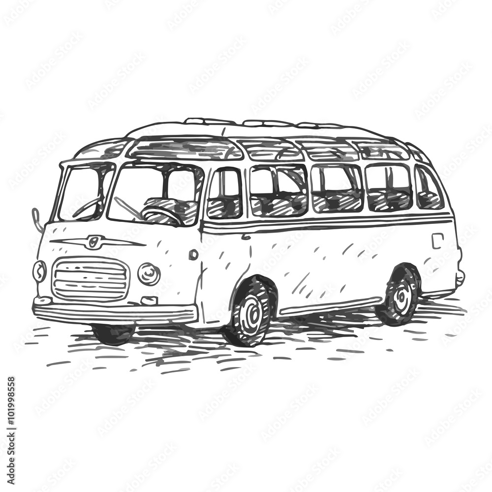 Retro bus. Picture of vintage transport. Old times. Vector hand drawn ...