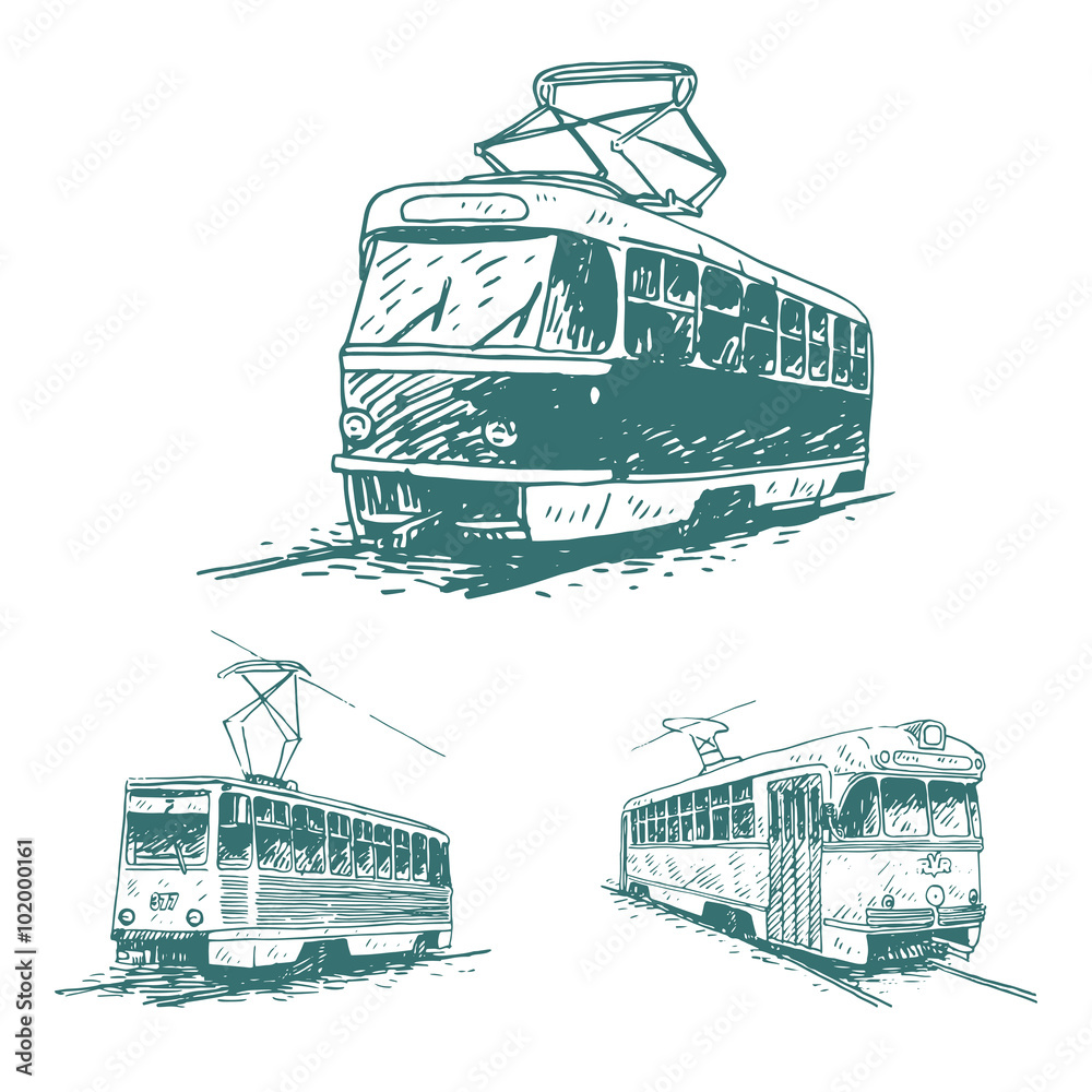 Set of retro trams. Picture of vintage transport. Old times. Vector ...