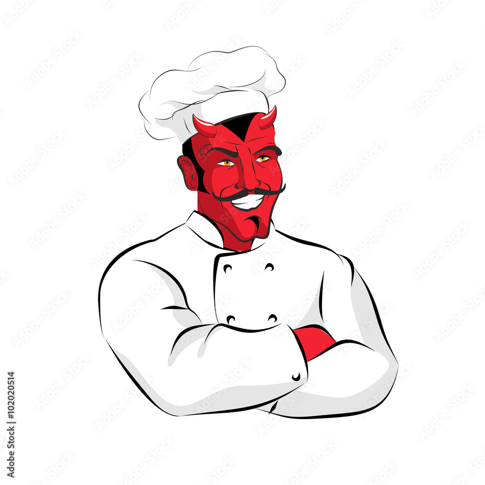 Hell of Cook. Devils kitchen. Satan in chef Cook. Chef demon wi Stock ...