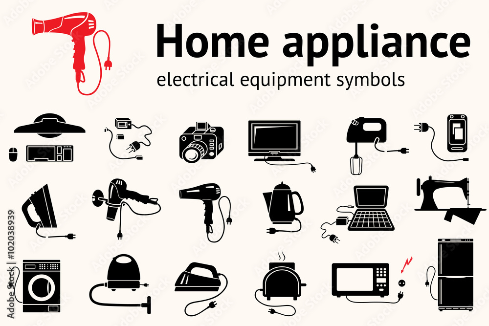 Electrical appliance with plug, equipment icon set. Hairdryer, iron ...