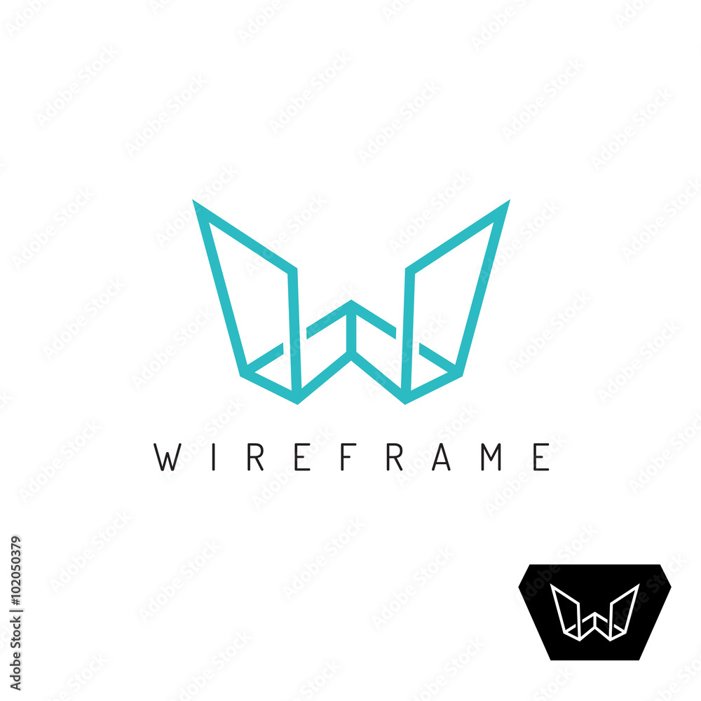 Letter W wireframe linear 3D perspective logo. Construction outline ...