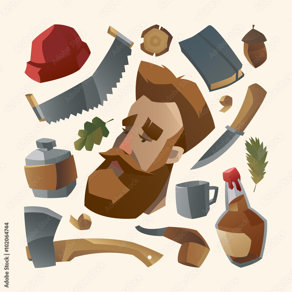 Lumberjack with red beard and his stuff Stock Vector | Adobe Stock