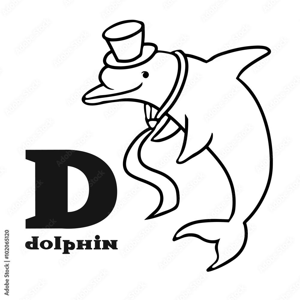 Cartoon dolphin wearing in cylinder hat and tie. Letter d. Part of ...