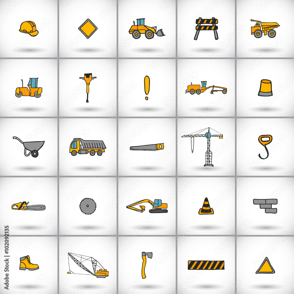 Construction icon set. Hand-drawn collection of cartoon icons, heavy ...