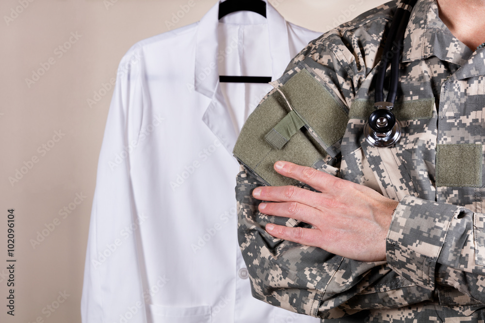 Medical military doctor with medical jacket in background 스톡 사진 | Adobe ...