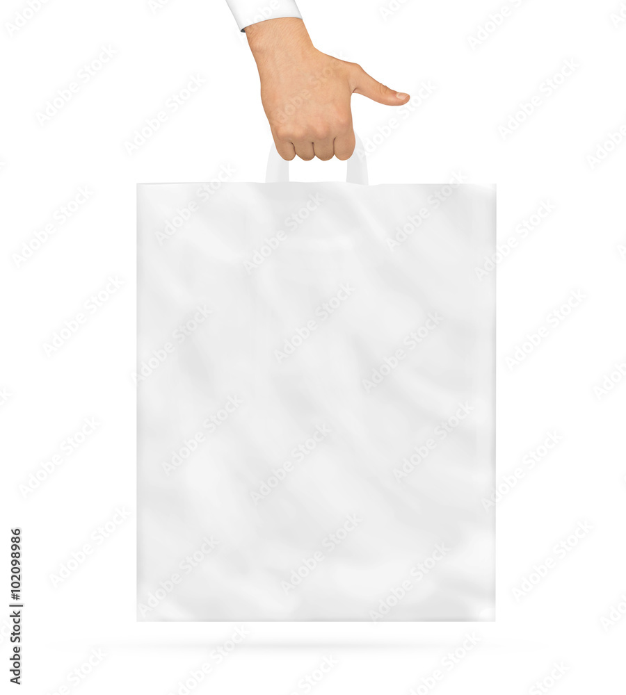 Blank plastic bag mock up holding in hand. Empty polyethylene packaging ...