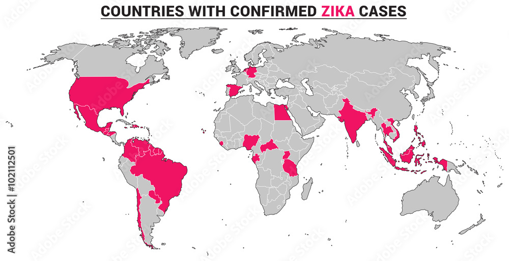 Countries with confirmed Zika virus cases. Vector world map with fully ...