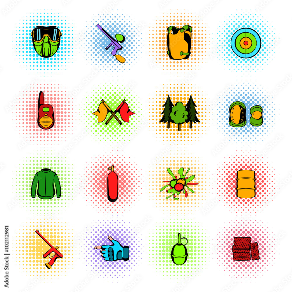 Paintball game comics icons set vector de Stock | Adobe Stock