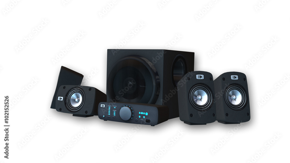 Surround Sound Audio Set, amplifier with six speakers isolated on white ...