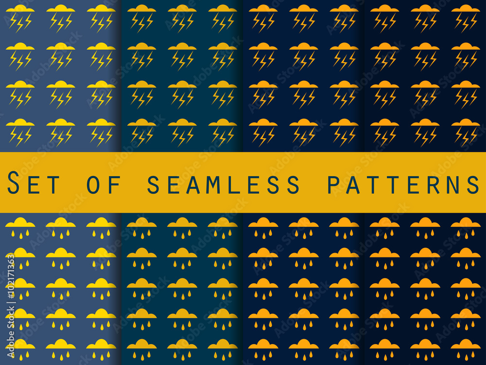 Seamless pattern with lightning, clouds and rain. Set. The pattern for ...