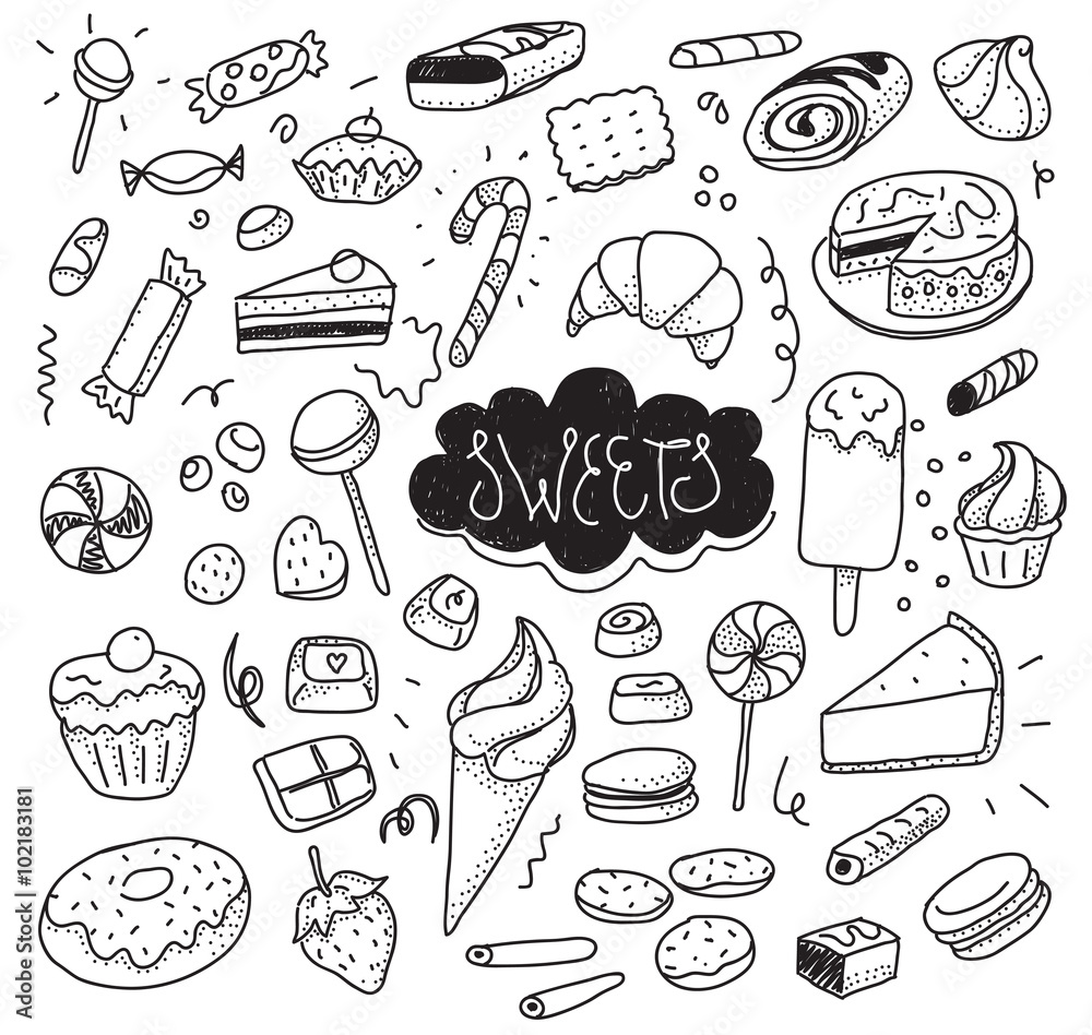 Hand drawn sweets and candies set. Vector doodles. Isolated food on ...