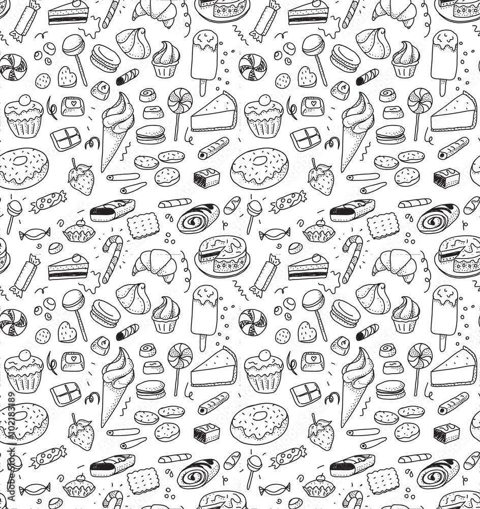 Hand drawn sweets and candies pattern. Vector doodles. Isolated food on ...