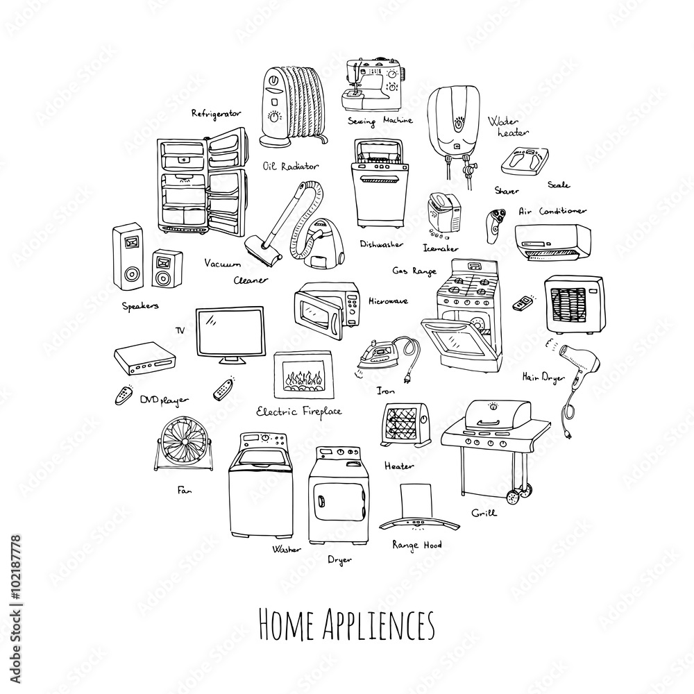 Hand drawn doodle Home appliance vector illustration Cartoon icons set ...