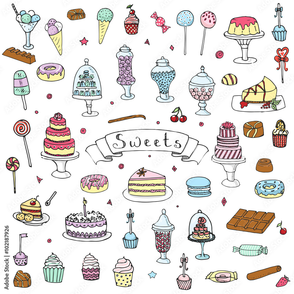 Hand drawn doodle Sweets set Vector illustration Sketchy Sweet food ...