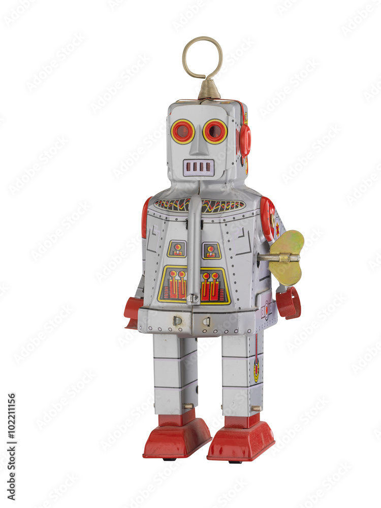 Retro Silver Robot isolated on White Background Stock Photo | Adobe Stock