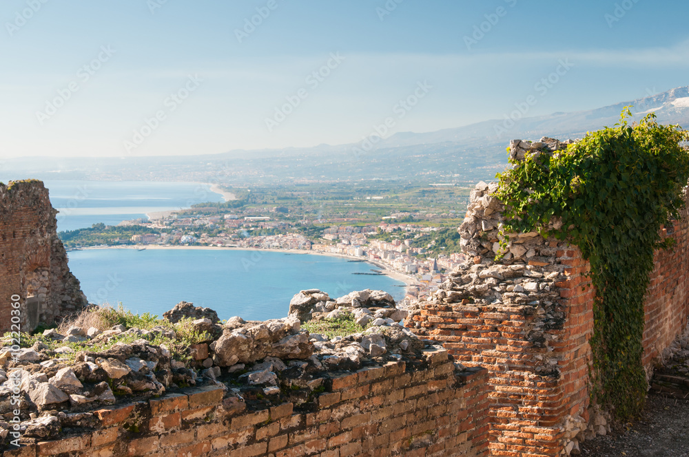 Section of the upper perimetral arcade of the greek theater of Taormina ...