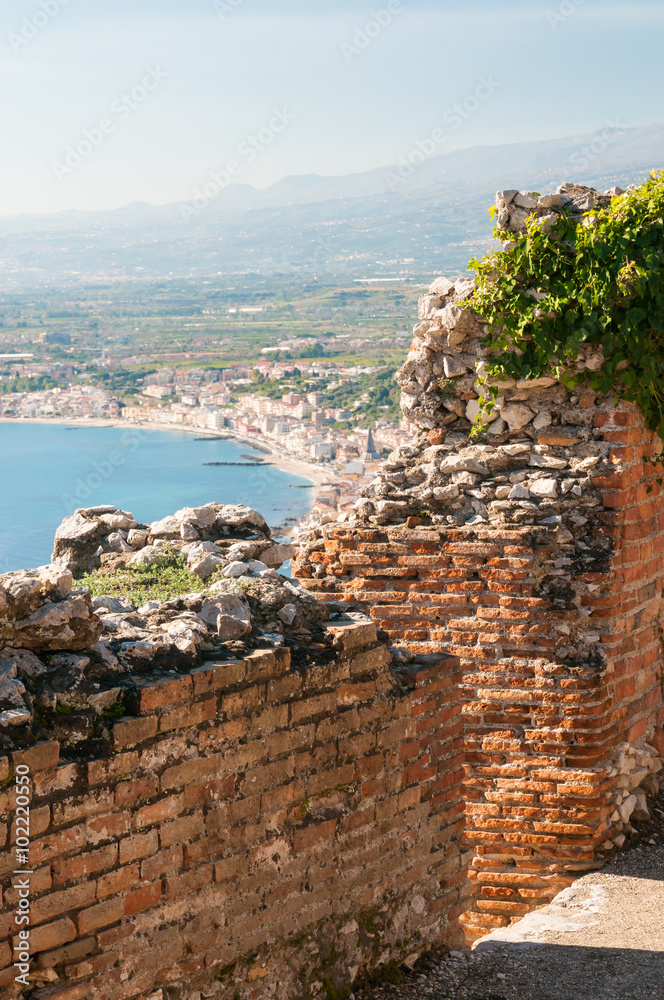 Section of the upper perimetral arcade of the greek theater of Taormina ...
