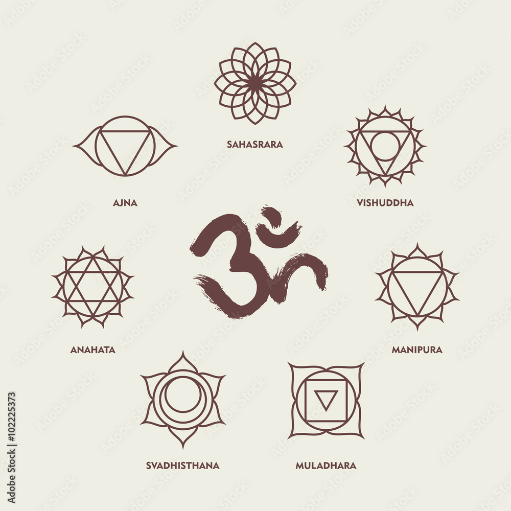 Chakra symbols line style set and om calligraphy Stock Vector | Adobe Stock