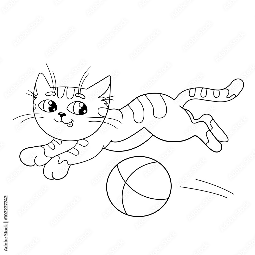 Coloring Page Outline Of a fluffy cat playing with ball Stock Vector ...