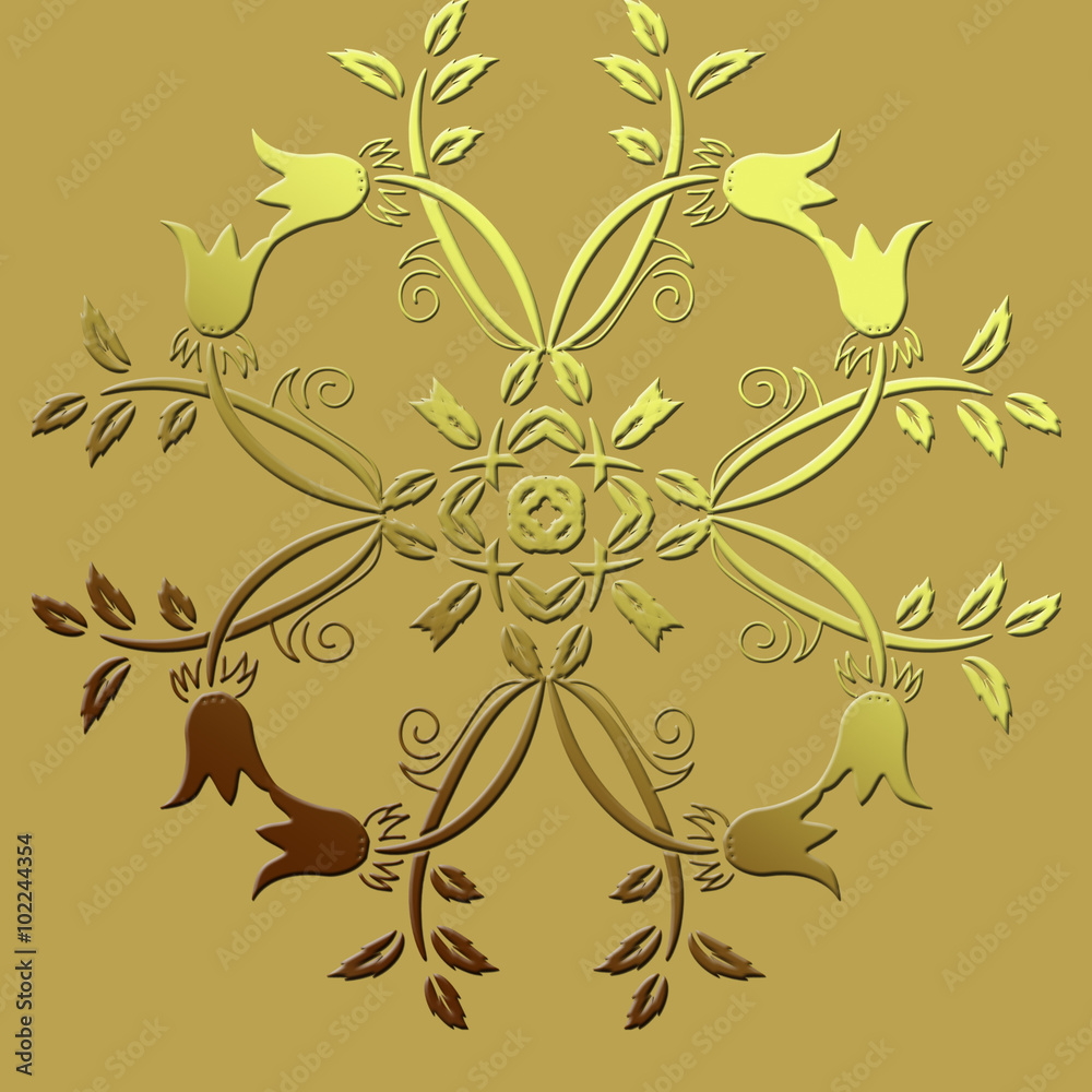 fancy circular pattern with tulips and branches with leaves.floral ...