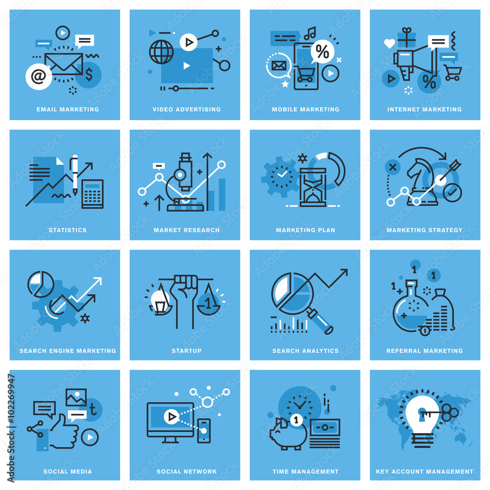 Set of thin line concept icons of marketing plan and strategy, digital ...