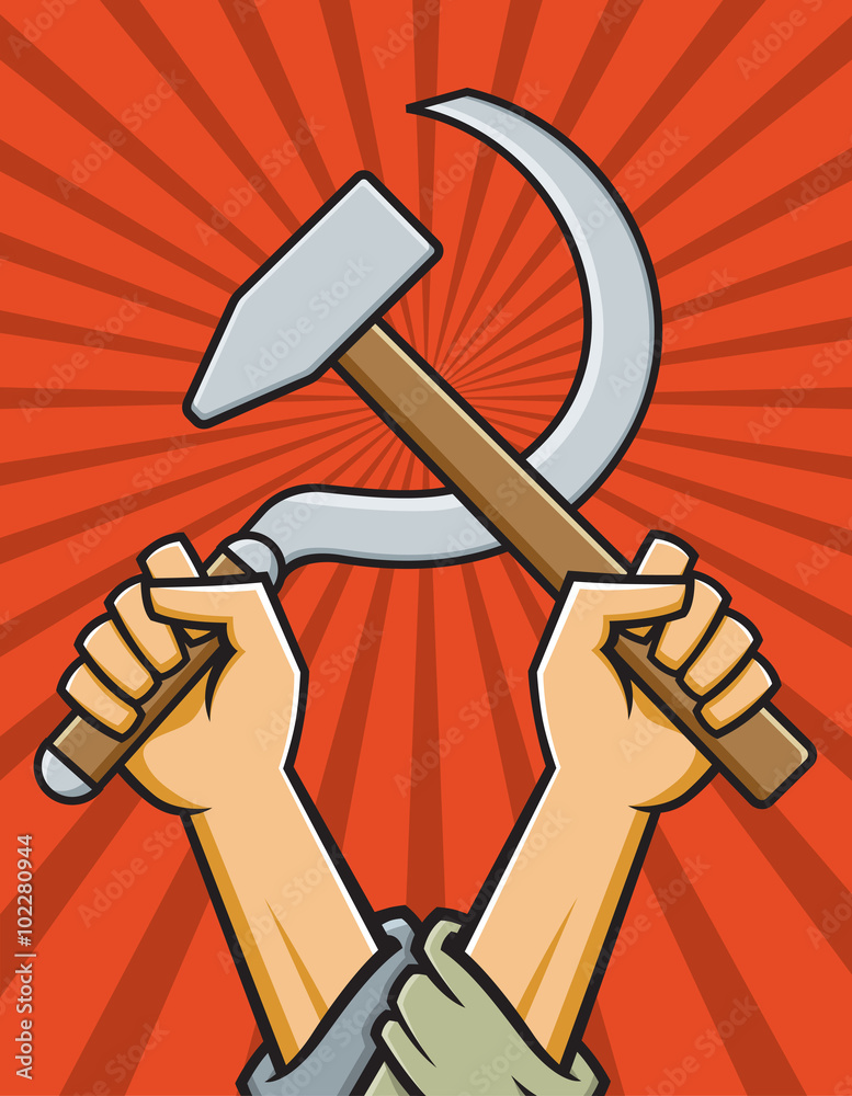 Vecteur Stock Hammer and Sickle Vector Illustration. Raised fists ...