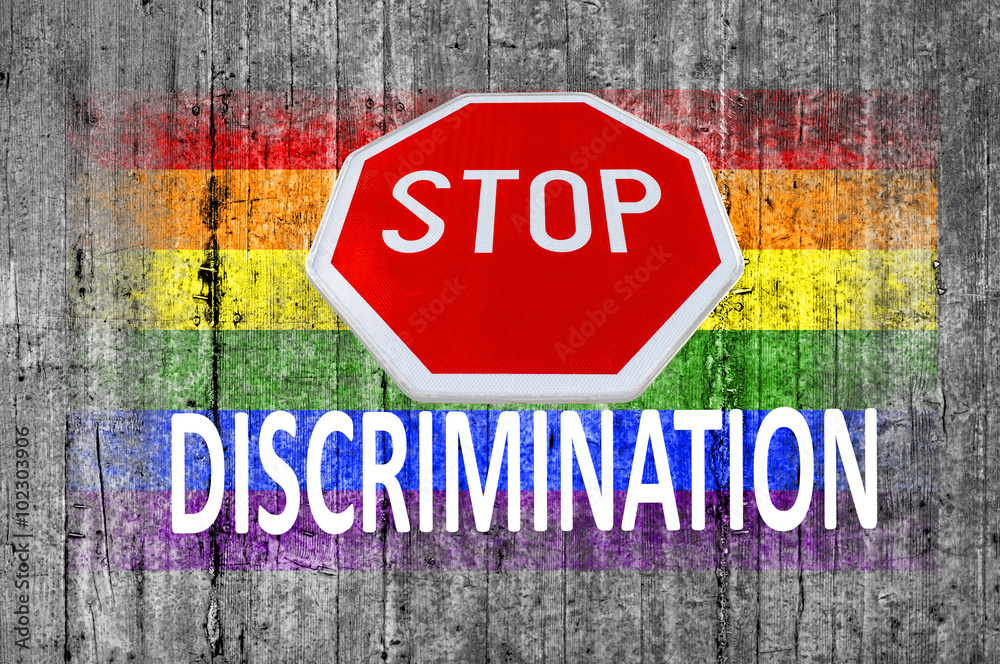 STOP sign and discrimination and LGBT flag painted on background Stock ...