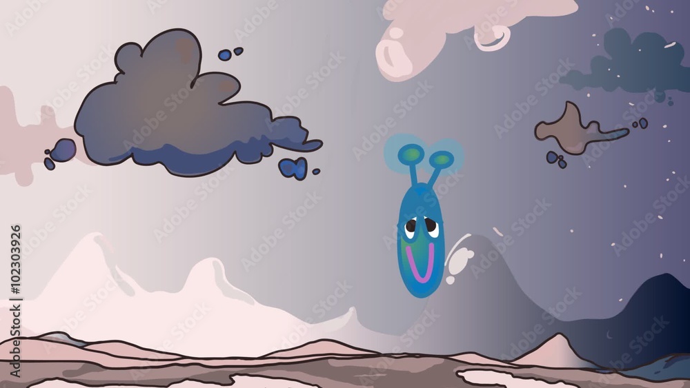 A blue happy alien with antennas character jumping and bouncing ...
